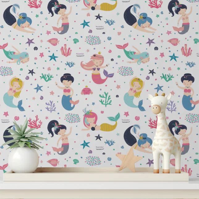 Cute Colorful Mermaids Modern Girls Kids Pattern Wallpaper | Zazzle