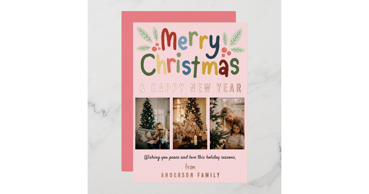 Cute Colorful Merry Christmas Family Photo Pink Foil Holiday Card | Zazzle