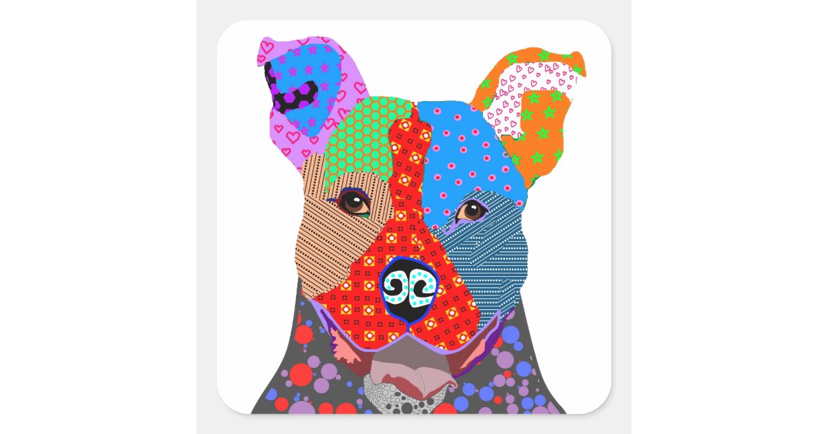 Cute Colorful Patchwork Pitbull Dog Square Sticker | Zazzle