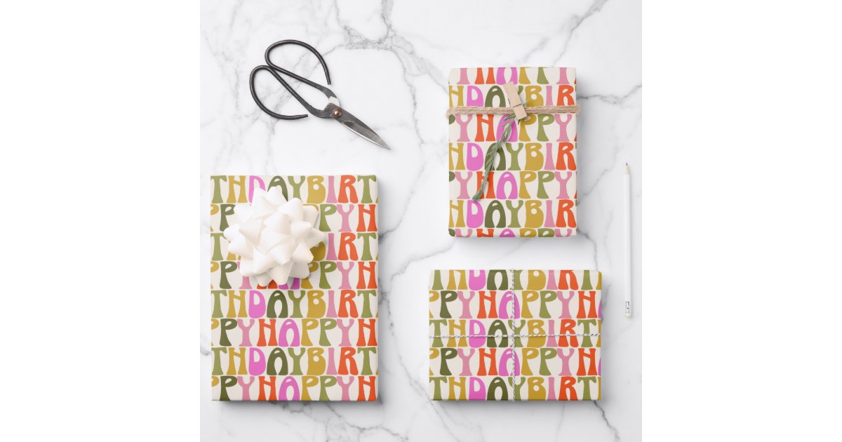 Cute Colorful Retro Happy Birthday Text Pattern Wrapping Paper Sheets ...