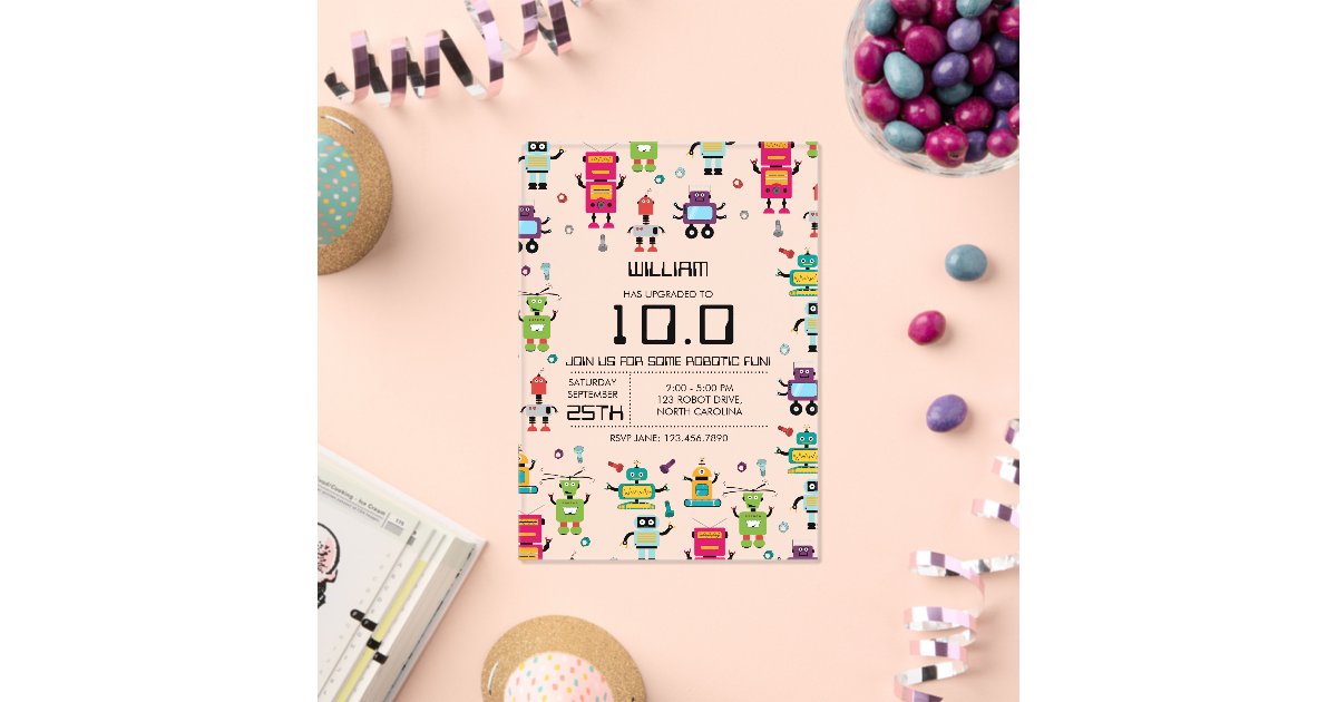 Cute Colorful Robot Kids Robots Birthday Party Acrylic Invitations | Zazzle