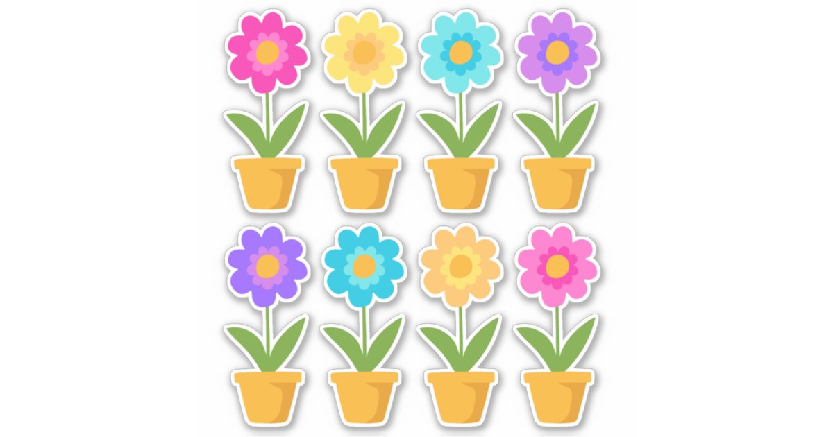 Cute Colorful Spring Flowers in Pots Sticker | Zazzle