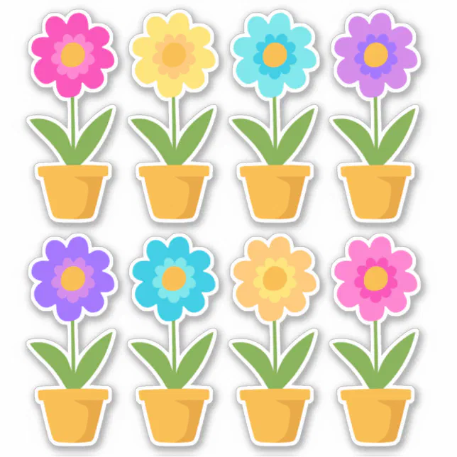 Cute Colorful Spring Flowers in Pots Sticker | Zazzle