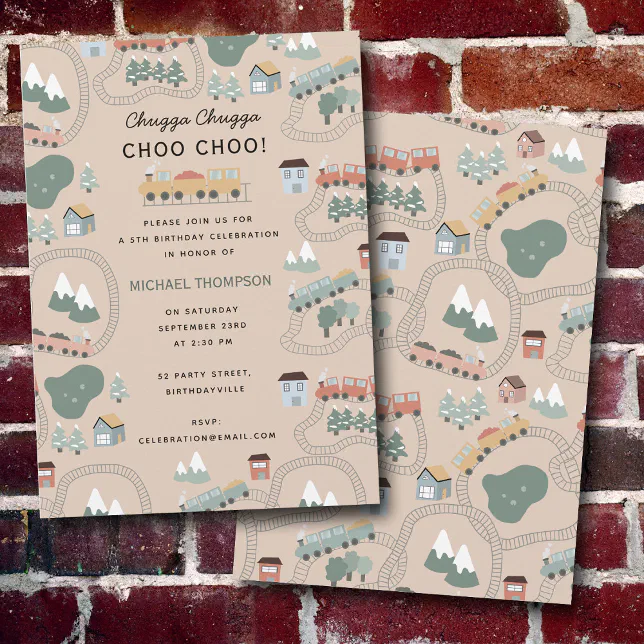 Cute Colorful Trains on Train Tracks Kids Birthday Invitation | Zazzle