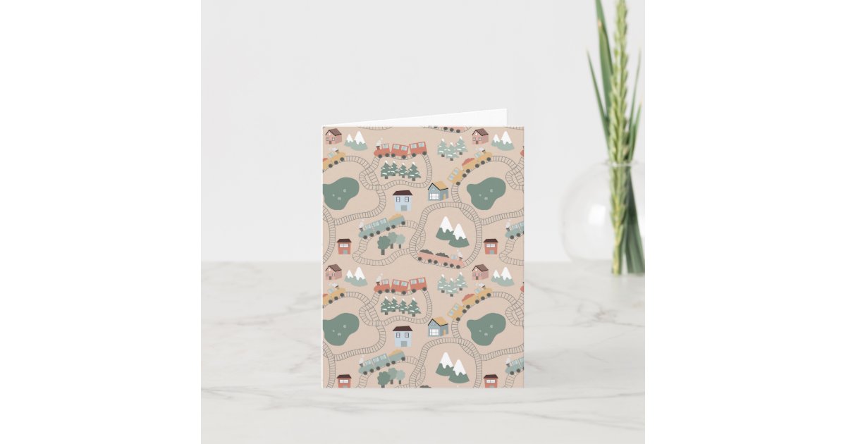 Cute Colorful Trains on Train Tracks Kids Pattern Card | Zazzle