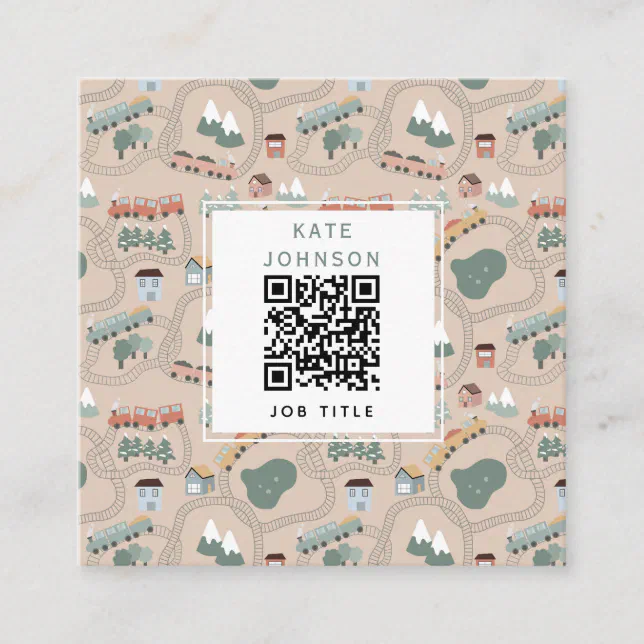 Cute Colorful Trains on Train Tracks QR Code Square Business Card | Zazzle