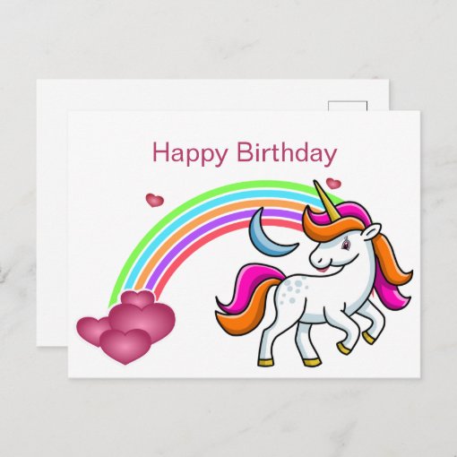 Cute, Colorful Unicorn, Rainbow, Hearts, Birthday Postcard | Zazzle