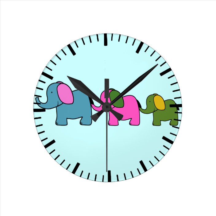 Cute colourful elephant cartoons good luck round clock | Zazzle.com