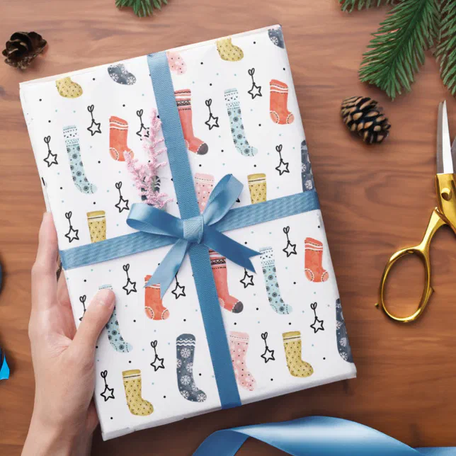 Cute Colourful Festive Christmas Stockings Hanging Wrapping Paper | Zazzle