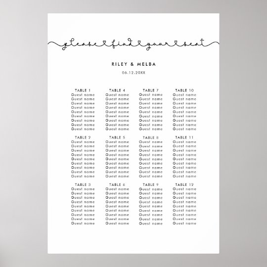 Cute connecting heart font wedding seating chart | Zazzle.com