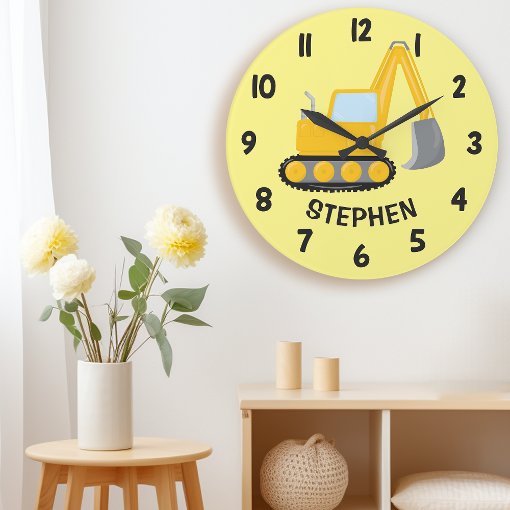 Cute Construction Claw Digger Boys Bedroom Wall Large Clock | Zazzle