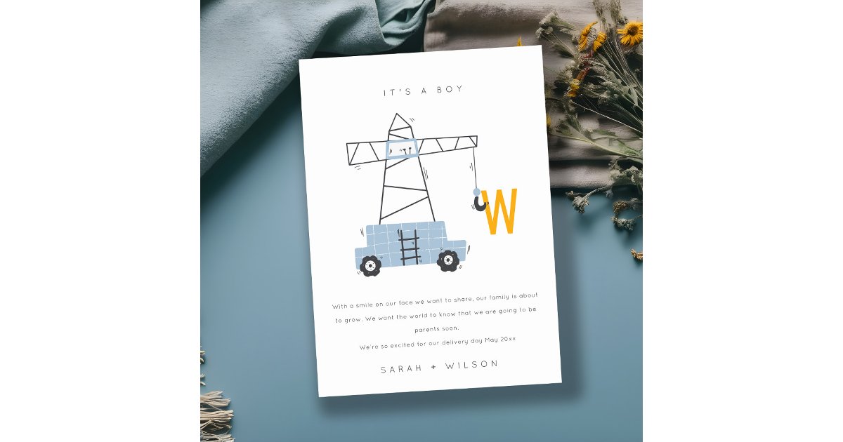 Cute Construction Crane Boy's Baby Announcement | Zazzle