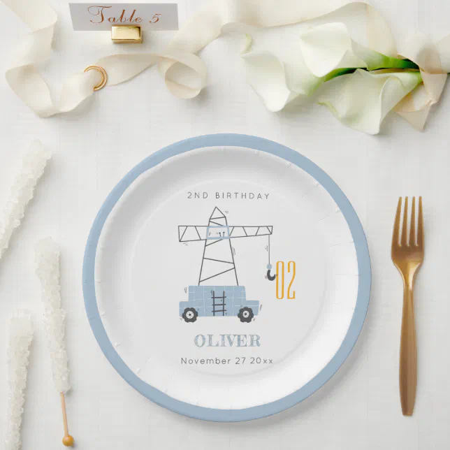 Cute Construction Crane Kids Any Age Birthday Paper Plates | Zazzle