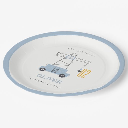 Cute Construction Crane Kids Any Age Birthday Paper Plates | Zazzle