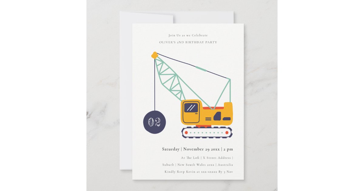 Cute Construction Crane Vehicle Any Age Birthday Invitation | Zazzle