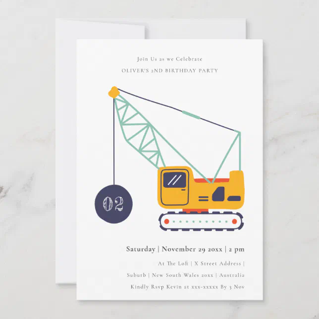 Cute Construction Crane Vehicle Any Age Birthday Invitation | Zazzle