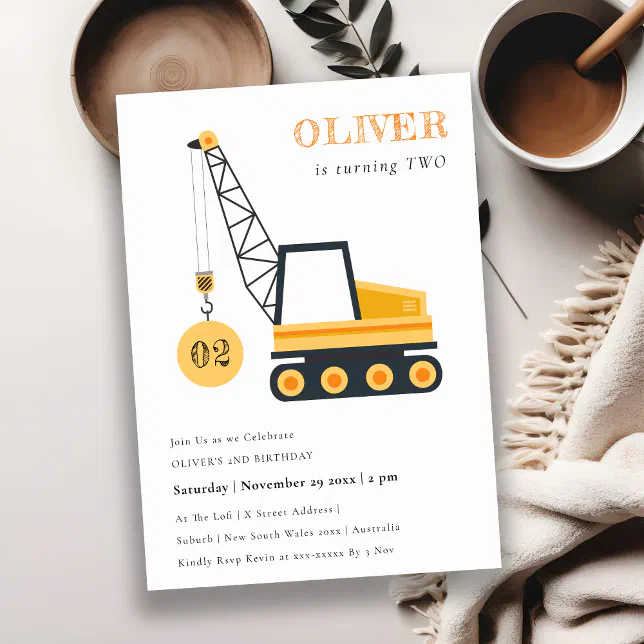Cute Construction Crane Vehicle Any Age Birthday Invitation | Zazzle