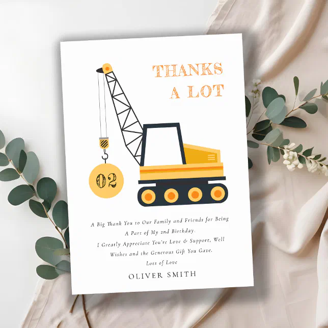 Cute Construction Crane Vehicle Any Age Birthday Thank You Card | Zazzle