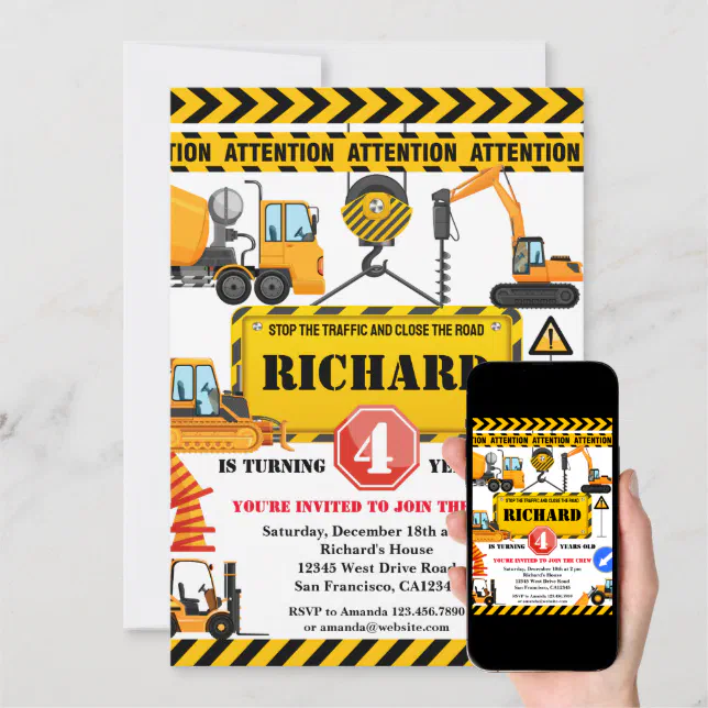 Cute Construction Vehicle Kids Birthday Party Invitation | Zazzle