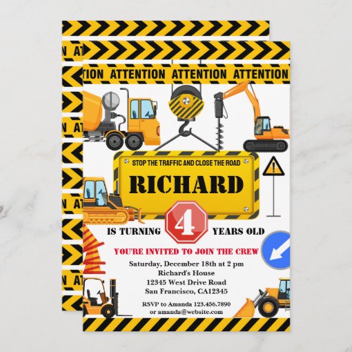 Cute Construction Vehicle Kids Birthday Party Invitation | Zazzle