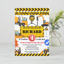 Cute Construction Vehicle Kids Birthday Party Invitation | Zazzle