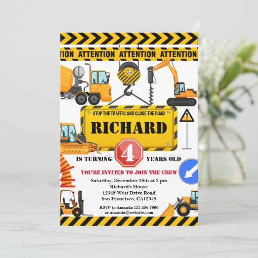 Cute Construction Vehicle Kids Birthday Party Invitation | Zazzle