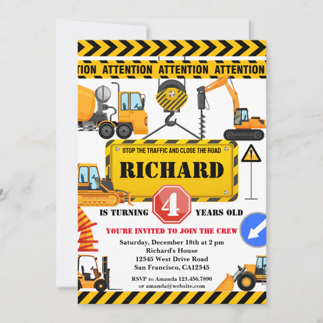 Cute Construction Vehicle Kids Birthday Party Invitation | Zazzle