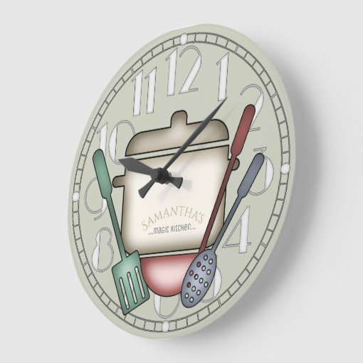 Cute Cooking Pot And Kitchen Utensils Custom Color Large Clock | Zazzle