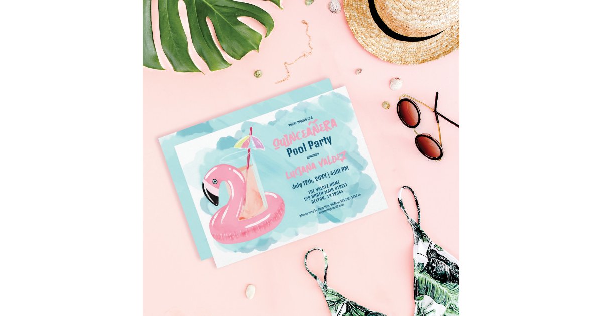 Cute Cool Tropical Flamingo Pool Party Quinceañera Invitation | Zazzle