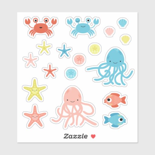 Cute Coral Yellow Blue Ocean Animals Sticker | Zazzle