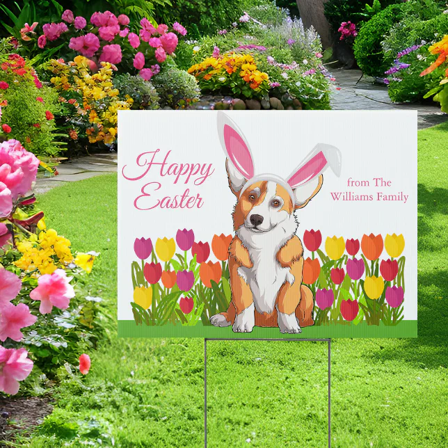 Cute Corgi Happy Easter Bunny Flowers Custom Yard Sign | Zazzle
