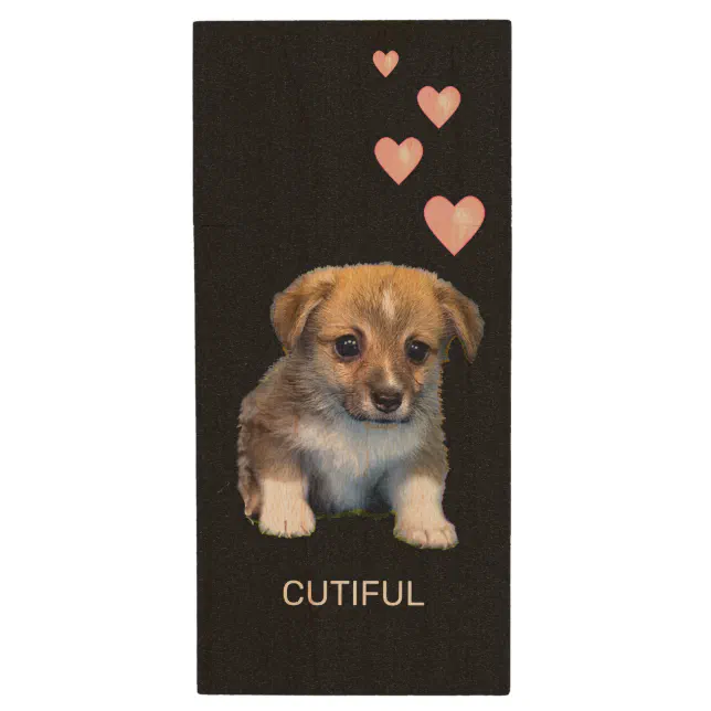 Cute Corgi Puppy Dog & Hearts on Black Wood Flash Drive | Zazzle