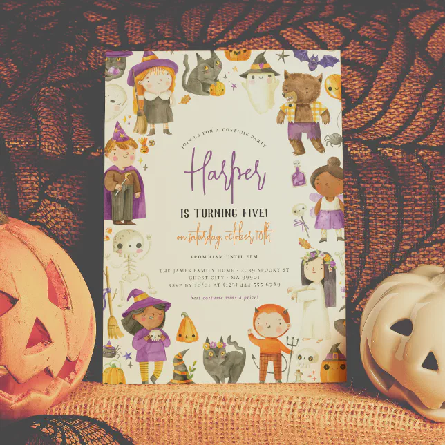 Cute Costume Party Girl Halloween Birthday Party Invitation | Zazzle