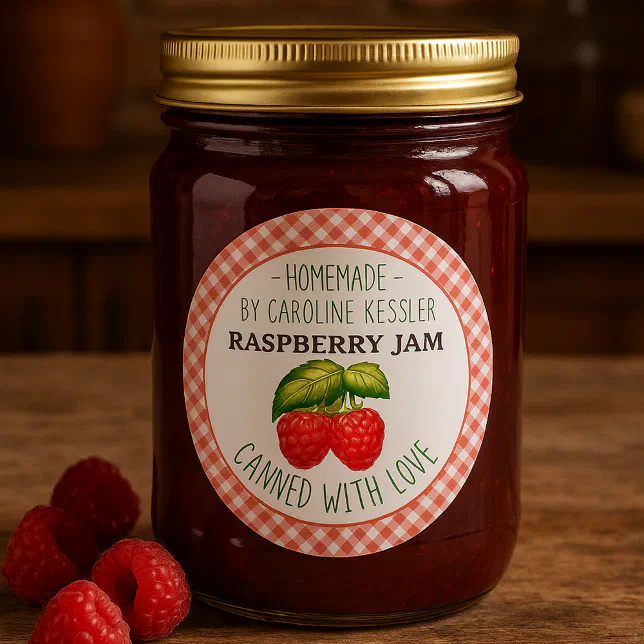 Cute Country Farm Home Made Raspberry Jam Canning Classic Round Sticker ...