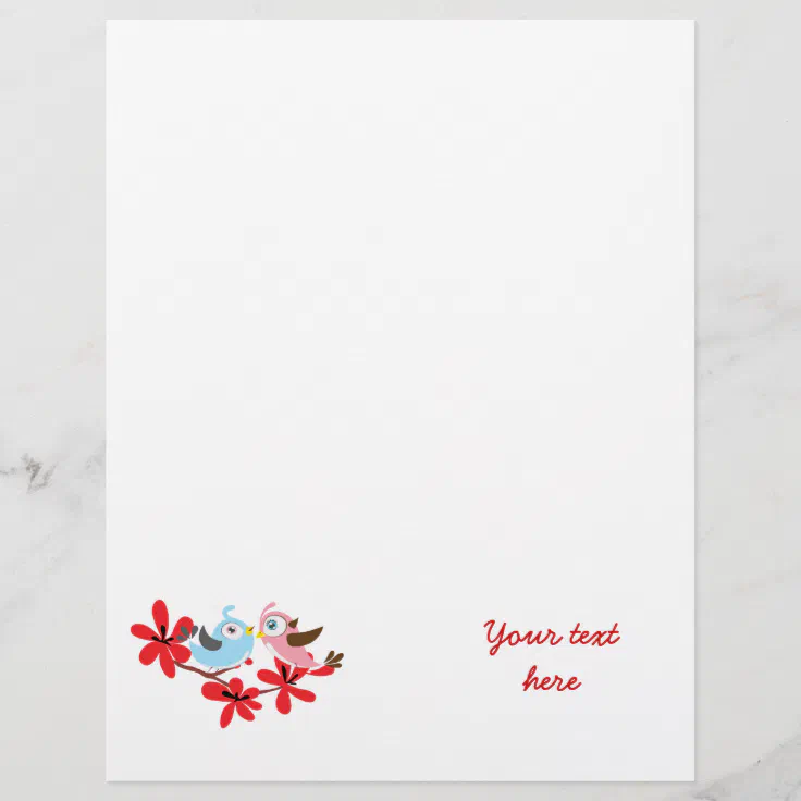 Cute couple of birds red flowers custom letterhead | Zazzle