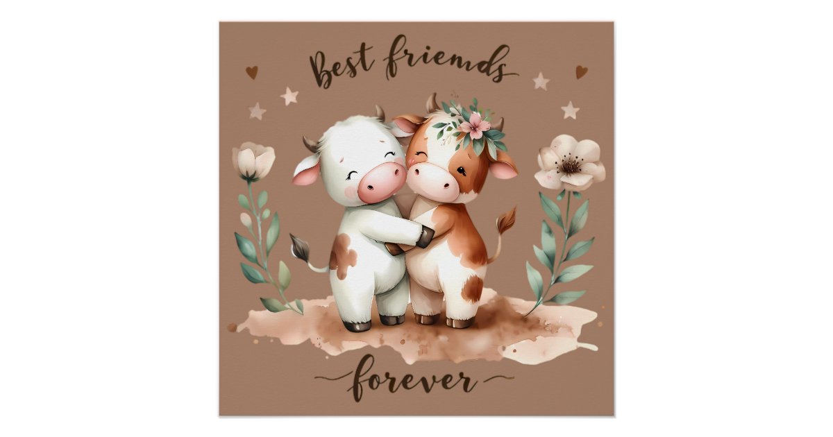 Cute Cow Best Friends Hug Floral Art Poster | Zazzle