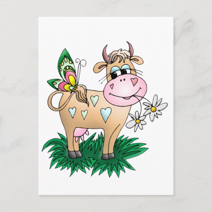 Cute Cow & Butterfly Postcard | Zazzle