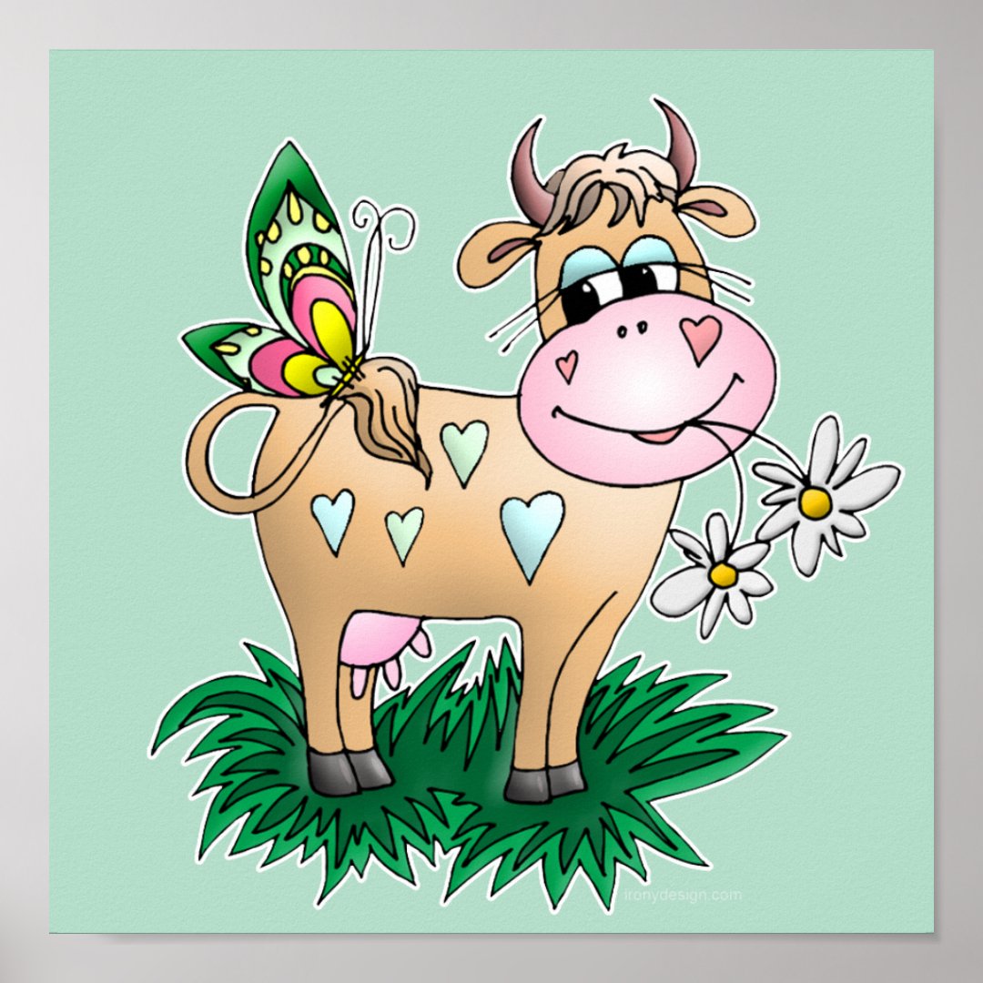 Cute Cow & Butterfly Poster | Zazzle