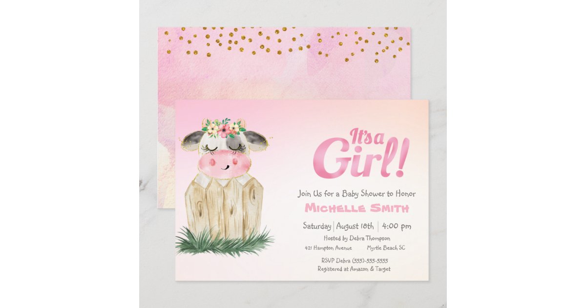Cute Cow Floral Pink Gold Invitation | Zazzle