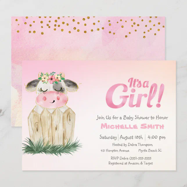 Cute Cow Floral Pink Gold Invitation | Zazzle