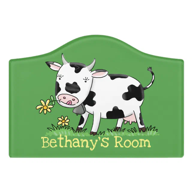 Cute cow in green field cartoon illustration door sign | Zazzle