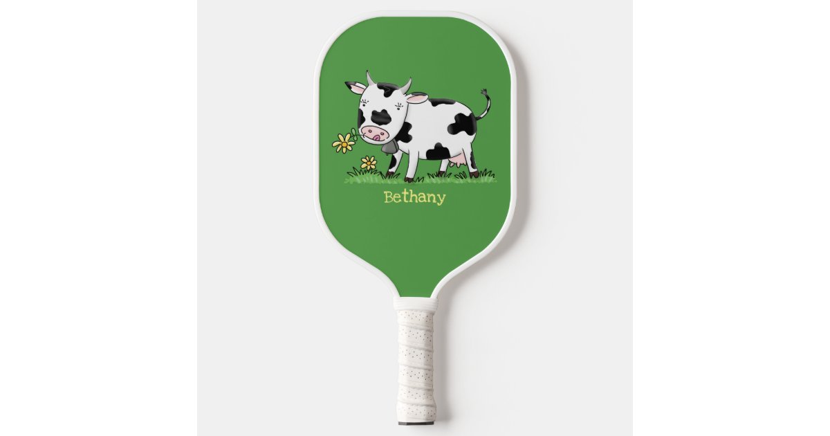 Cute cow in green field cartoon personalized pickleball paddle | Zazzle
