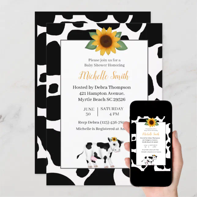 Cute Cow Print Sunflower Baby Shower Invitations | Zazzle