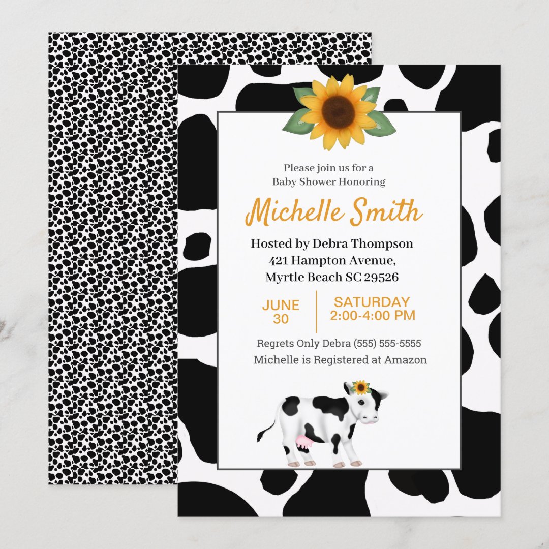 Cute Cow Print Sunflower Baby Shower Invitations | Zazzle