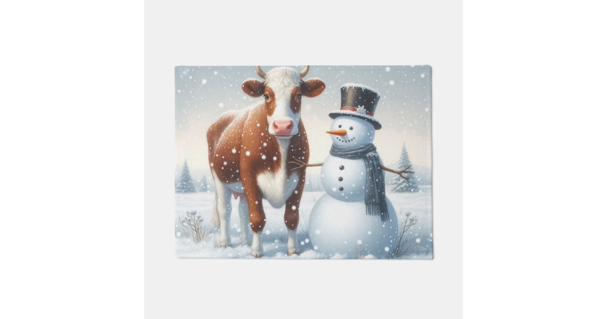 Cute cow & snowman in the winter field doormat | Zazzle