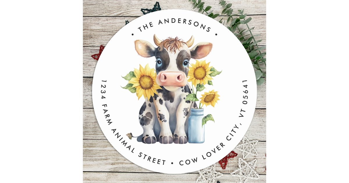 Cute Cow Sunflowers Farm Animal Return Address Classic Round Sticker ...