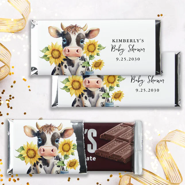 Cute Cow Sunflowers Modern Simple Farm Baby Shower Hershey Bar Favors ...