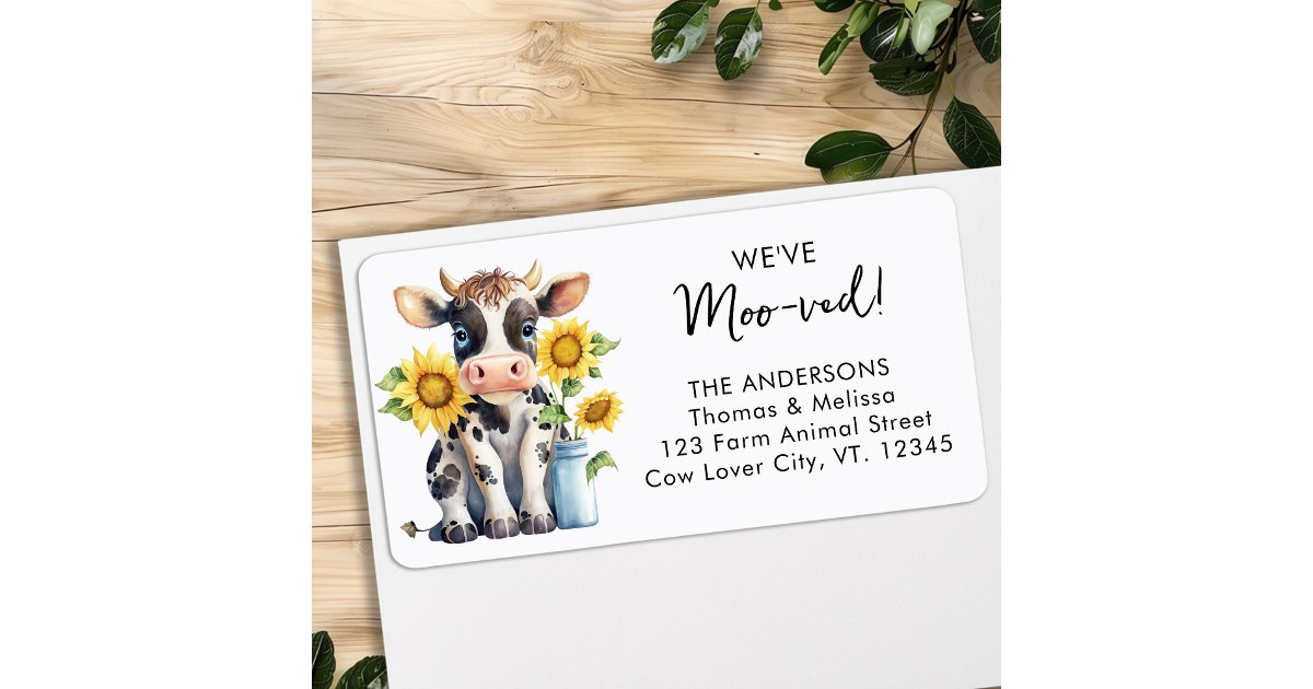 Cute Cow Sunflowers We've Moo-ved Moving Address Label | Zazzle