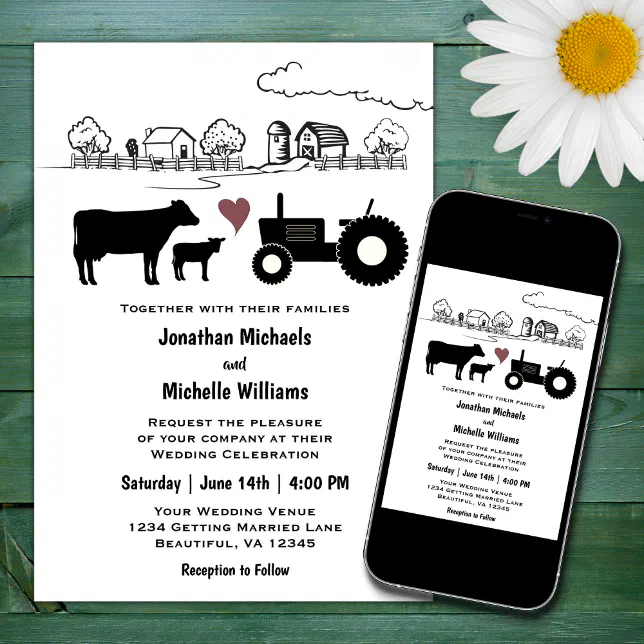 Cute Cows and Tractor Country Farm Wedding Invitation | Zazzle