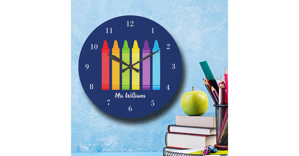 Cute Crayon Teacher Custom Classroom Large Clock | Zazzle